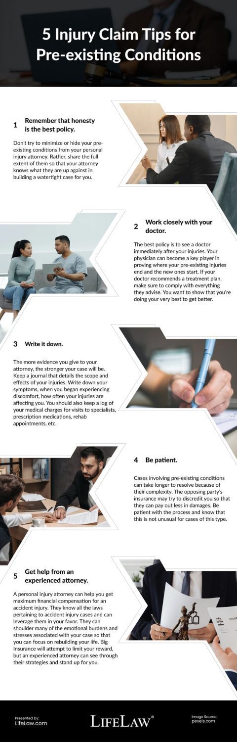 5 Injury Claim Tips for Pre-existing Conditions Infographic