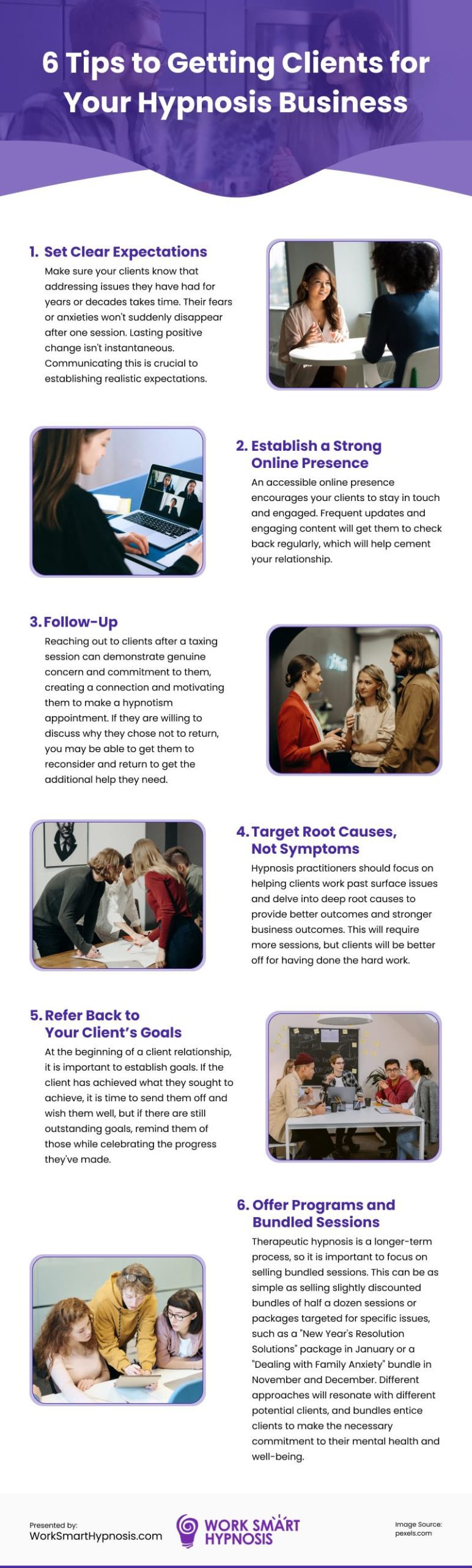 6 Tips to Getting Clients for Your Hypnosis Business Infographic