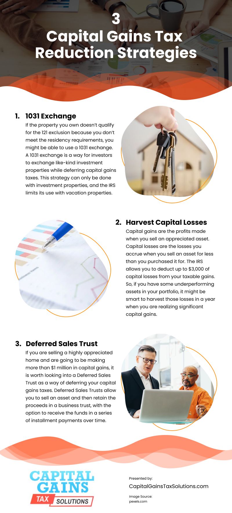3 Capital Gains Tax Reduction Strategies Infographic