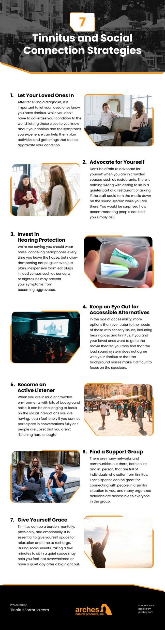 7 Tinnitus and Social Connection Strategies Infographic