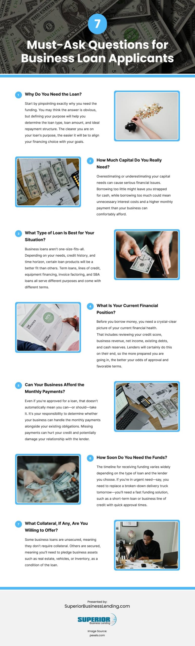 7 Must-Ask Questions for Business Loan Applicants Infographic